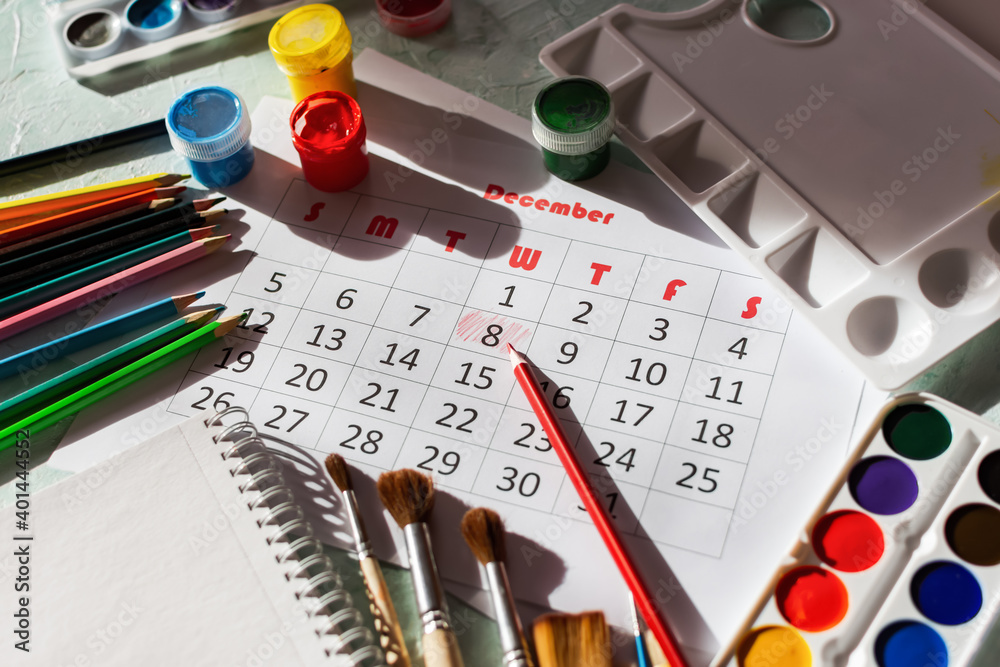 Calendar for December 2021. The creative layout of the objects for ...