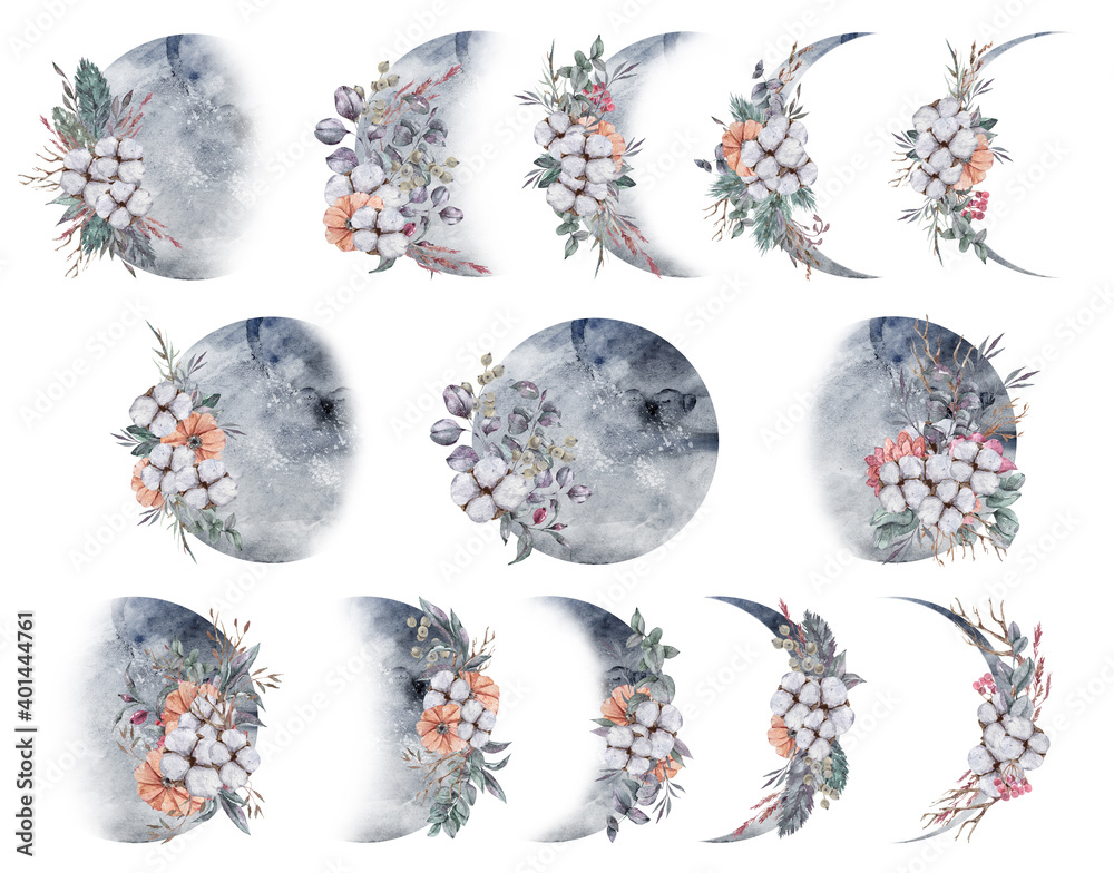 Watercolor floral moon phases clipart, celestial illustration set on ...