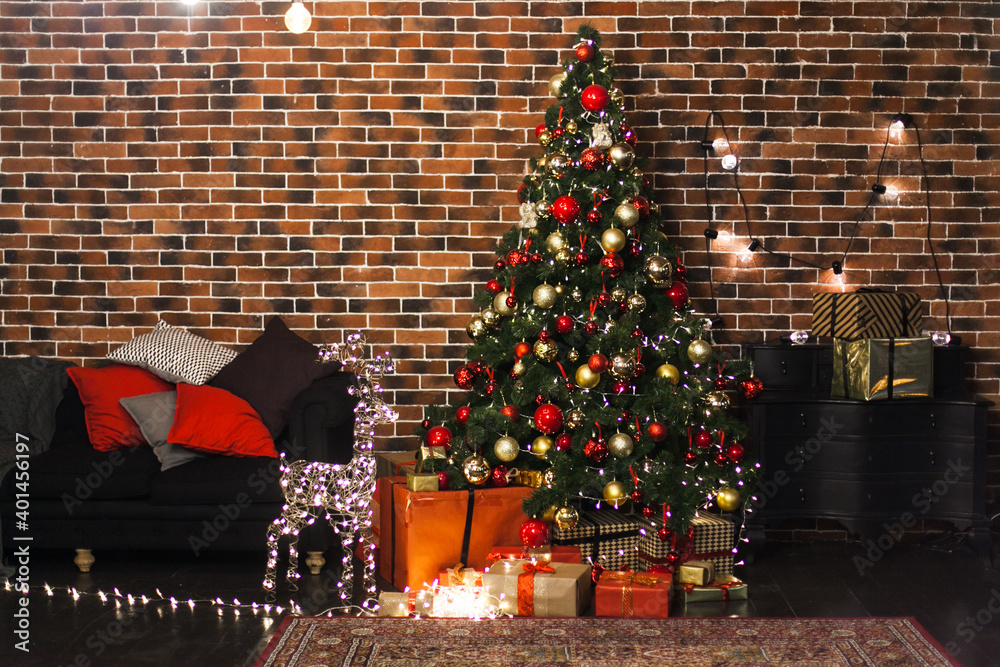 Beautiful Christmas living room with decorated Christmas tree, gifts ...