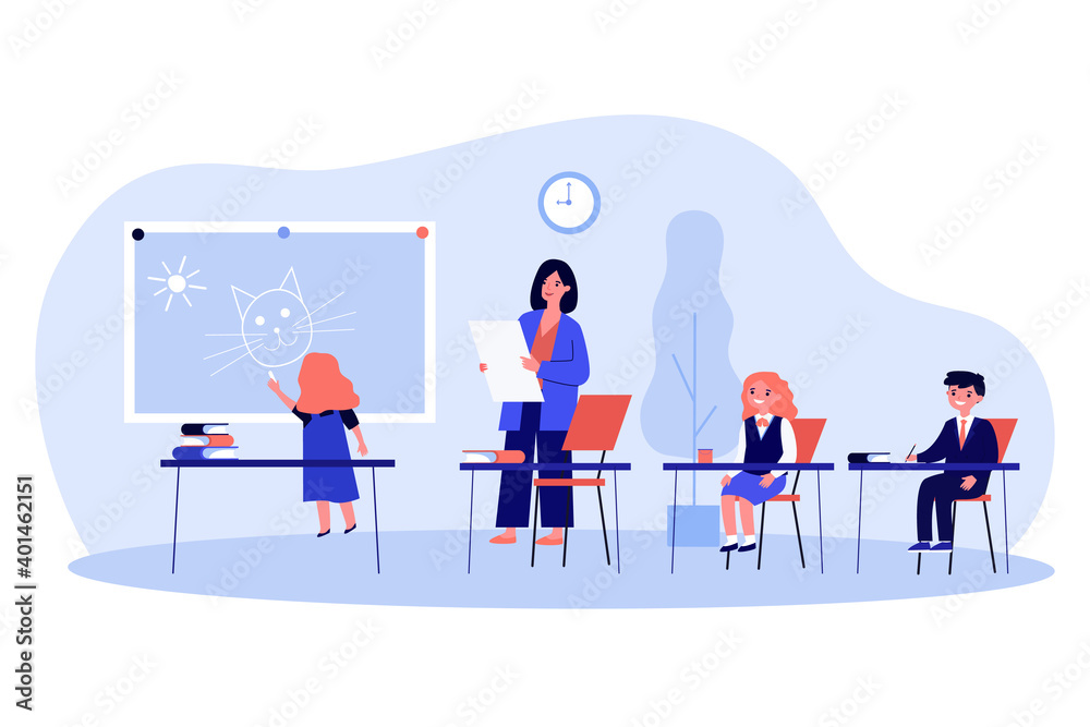Cartoon kids learning in classroom and painting. Teacher, children ...