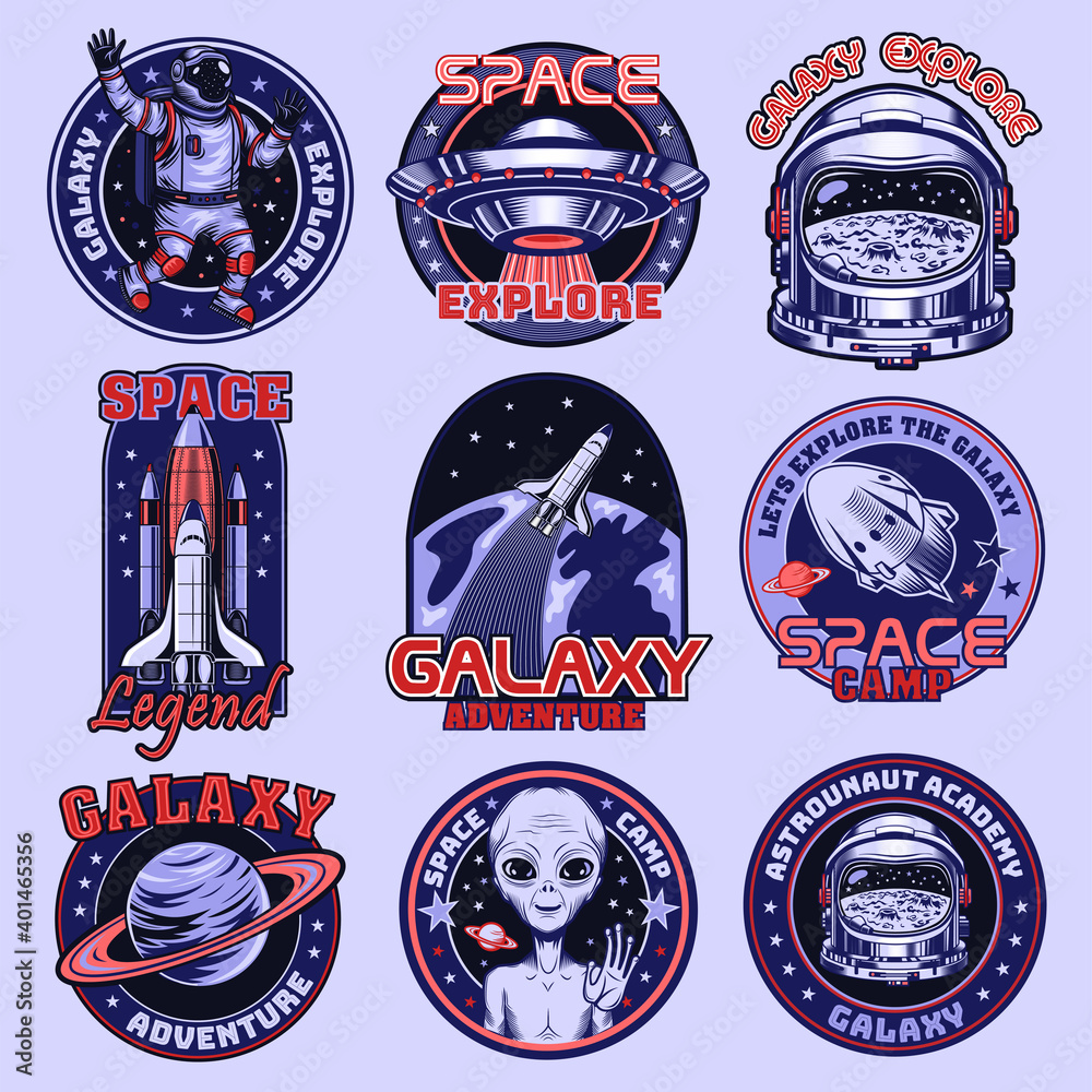 Space badges set. Stamps with astronaut, spacesuit helmet, alien ...