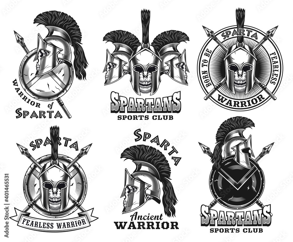 Monochrome Spartans emblems vector illustration set. Vintage signs or ...