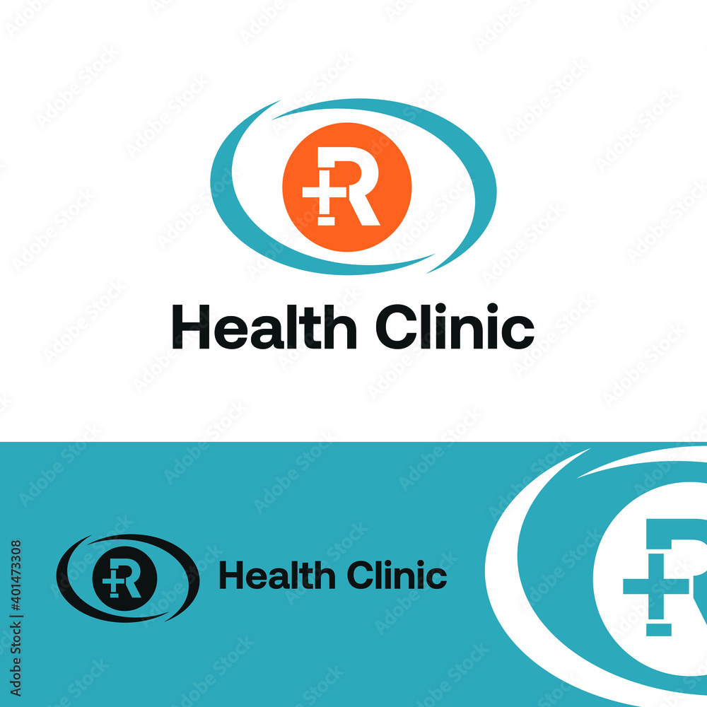 Initial letter R with medical cross icon and loop care symbol for ...