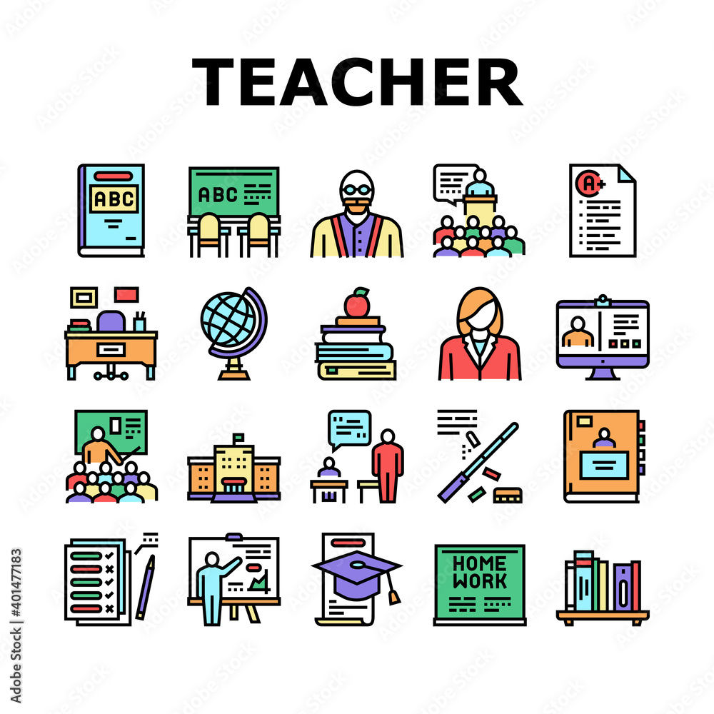 Teacher Education Collection Icons Set Vector. Geography And Abc ...