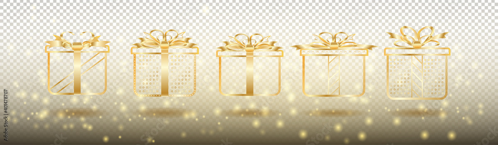 Gold Gift box vector icon set. Presentation line symbols isolated on ...