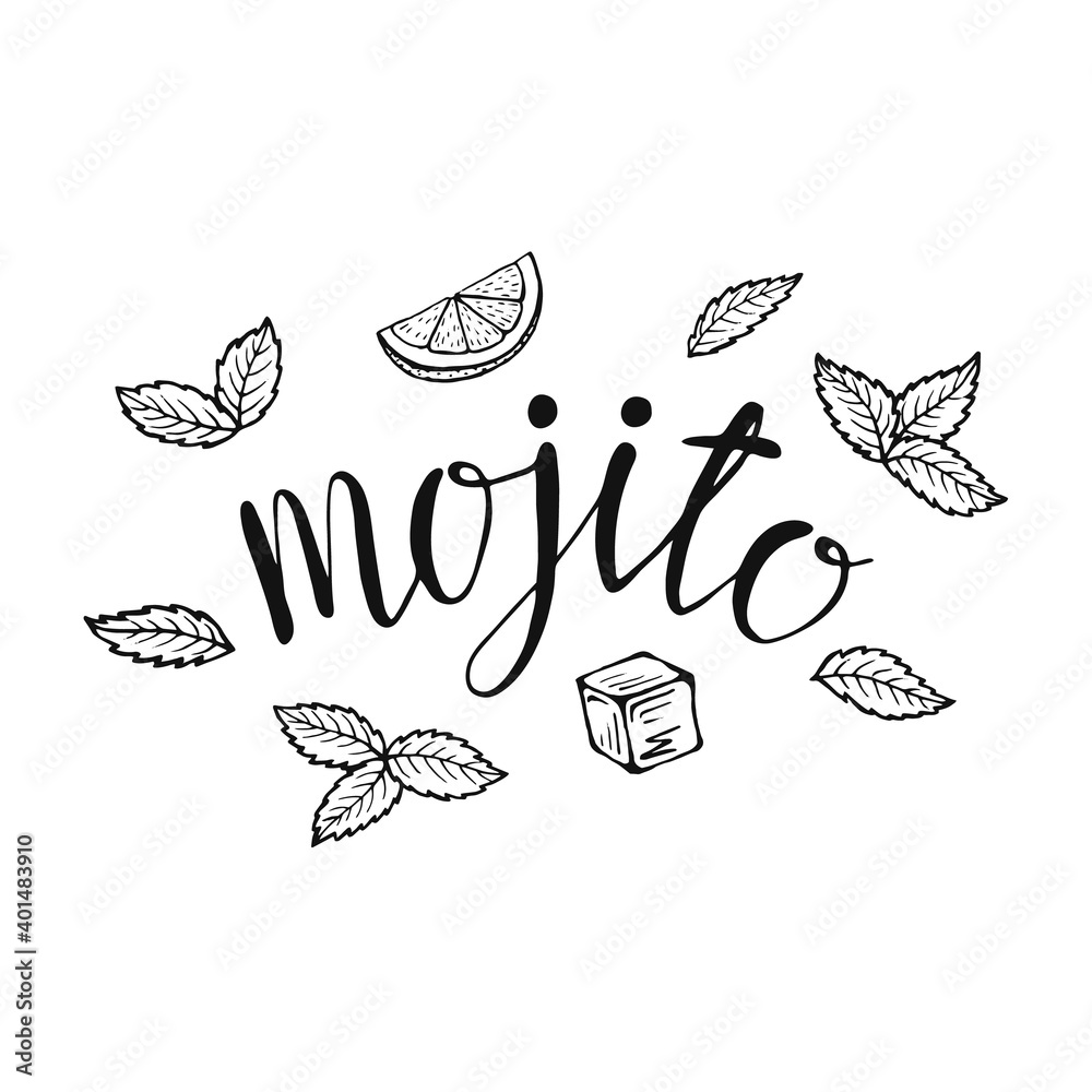 Lettering Mojito classic cocktail hand drawn vector illustration. with ...