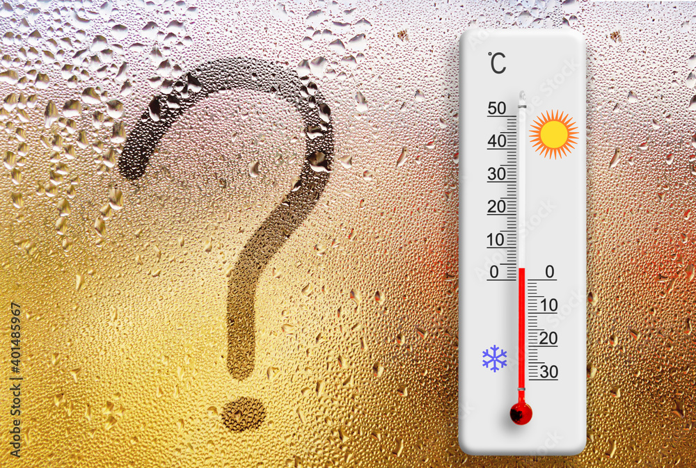 Foto de Rainy day. Question mark symbol written on glass. Thermometer ...