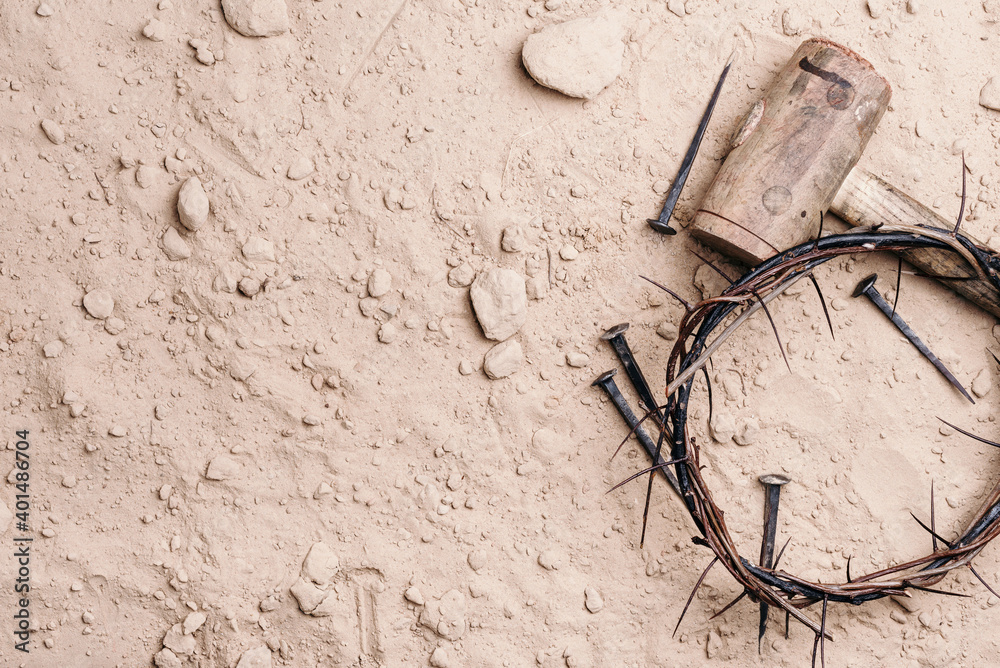 Good Friday, Passion of Jesus Christ. Crown of thorns, hammer, old ...
