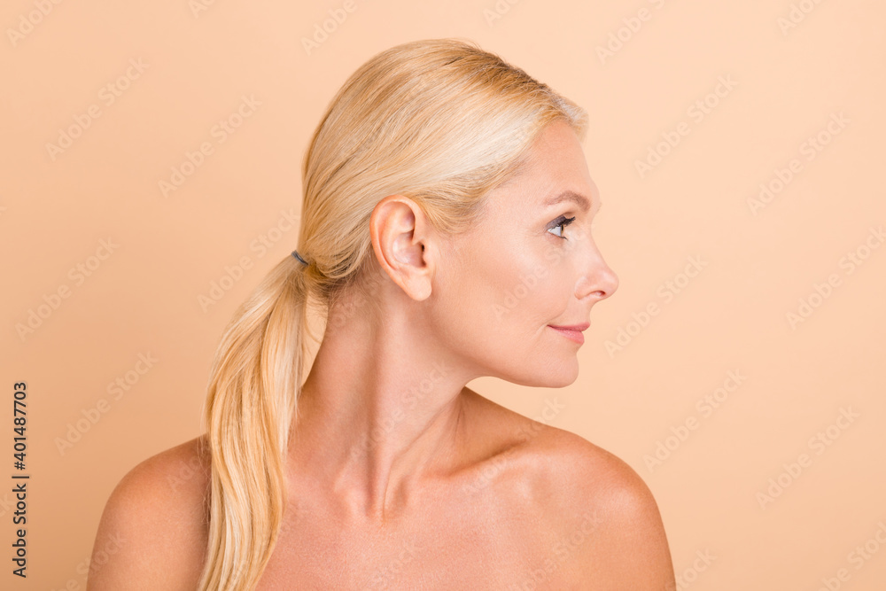 Profile side view of middle aged woman look copyspace show her beauty ...