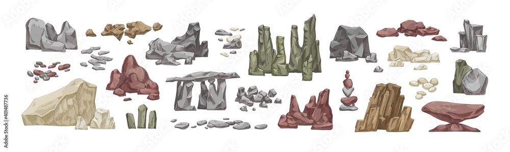 Poster Set of various stone and rock hand drawn vector illustration in ...