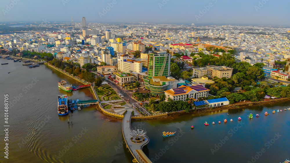Top view aerial view love bridge or Ninh Kieu quay of downtown in Can ...