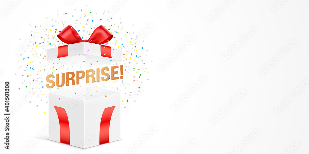 Open white gift box with exploded confetti, and Surprise message ...