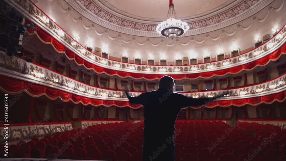 Man on stage in empty theater. Back view of an actor standing on stage ...