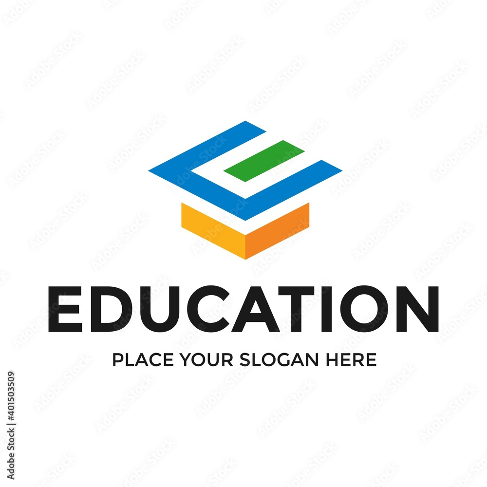 Education letter e vector logo template. This design use student hat ...