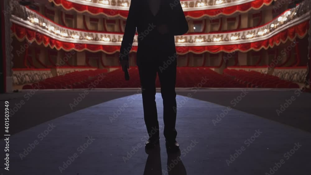 Man in suit standing on stage back to auditorium. Dark silhouette of ...