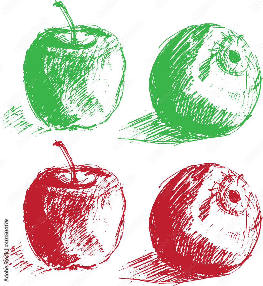Vector illustration: a set of drawn apples in the form of a pencil ...