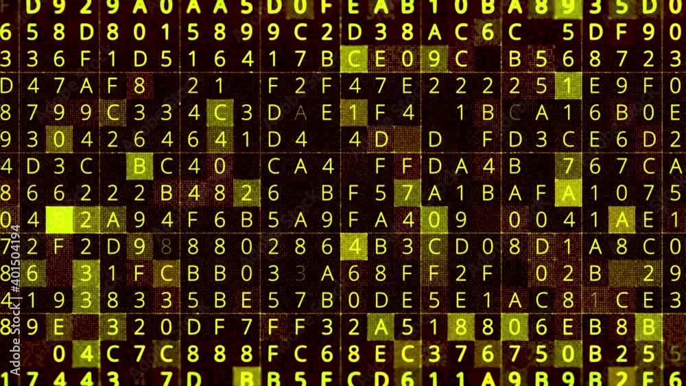 Flashing rows of numbers and symbols, colored grid. Animation. Abstract yellow blinking numbers ...