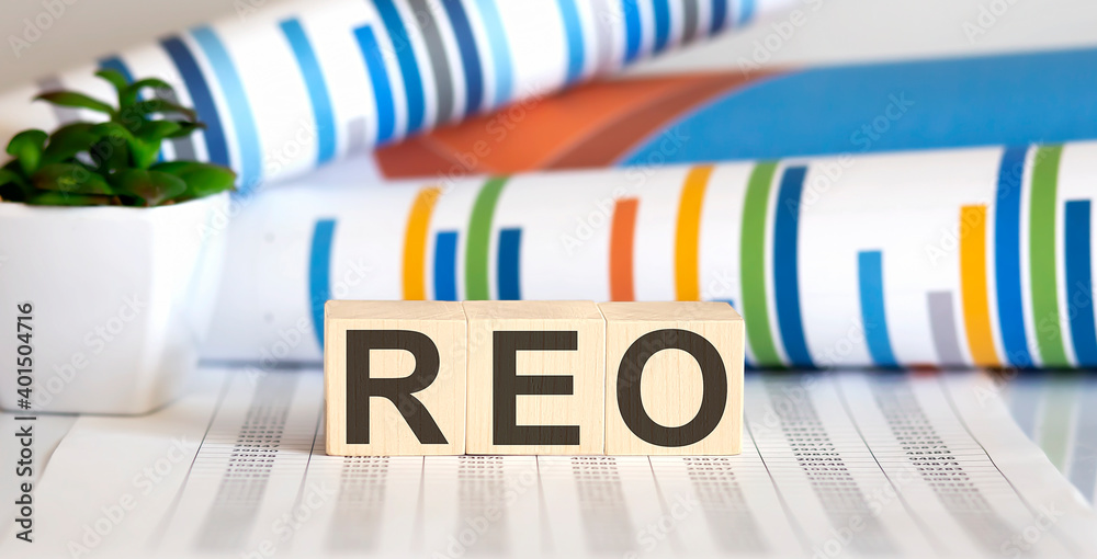 wooden block with words REO on chart background Stock Photo | Adobe Stock