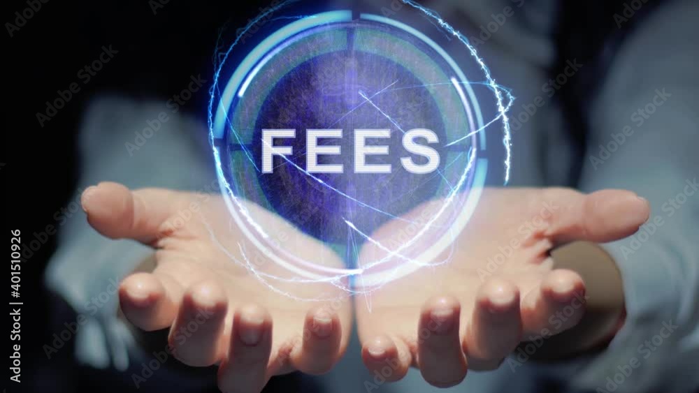 Female hands show a round conceptual hologram with text Fees ...
