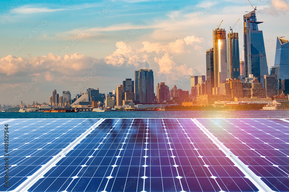 Solar panel over cityscapes, solar power green energy for life concept ...