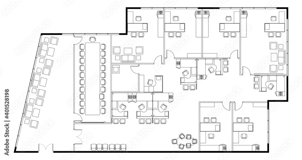 An office layout drawing complete with the office furniture in 2D CAD ...