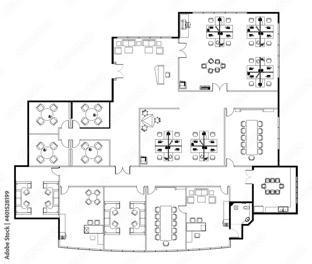 An office layout drawing complete with the office furniture in 2D CAD ...