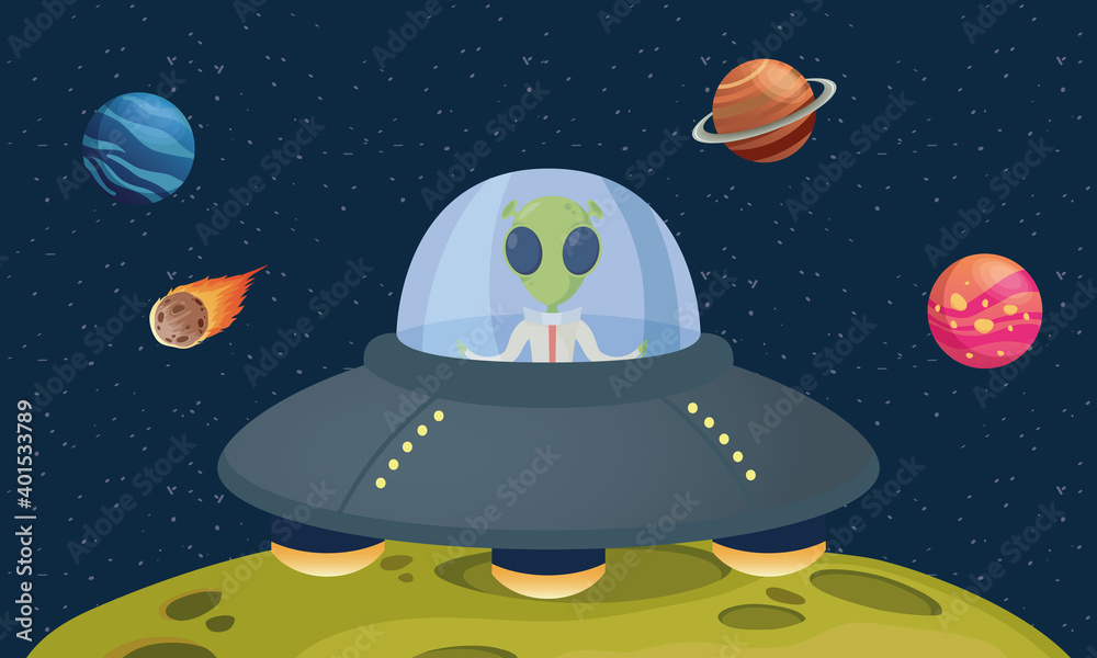 alien comic character in ufo with planets scene Stock Vector | Adobe Stock