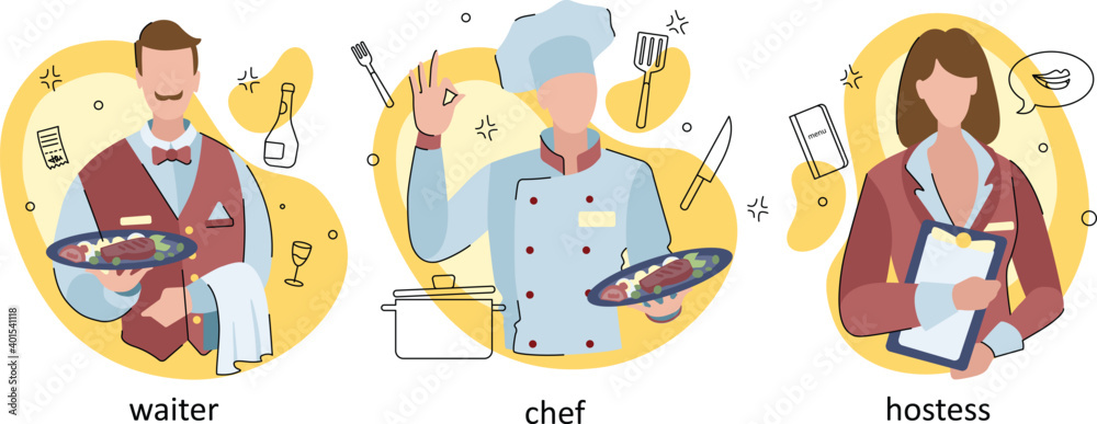 Set of festive drawings of restaurant staff characters. Catering ...