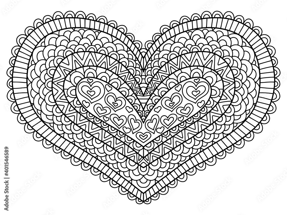 Symmetry heart shape zentangle coloring page vector. Detailed romantic ...
