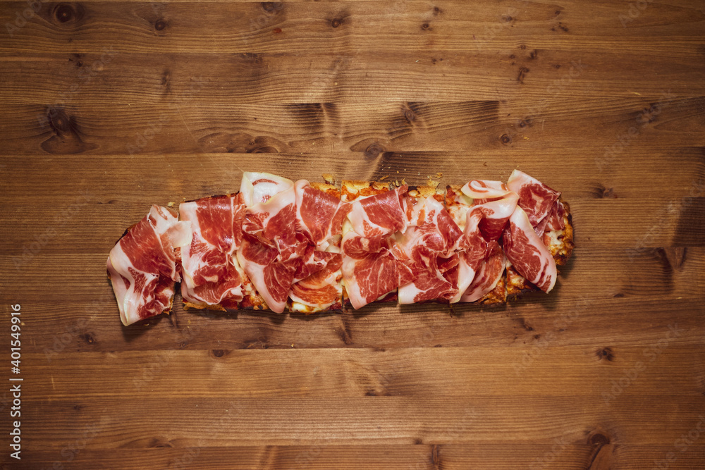 traditional italian bruschetta with bread, tomato, mozzarella, burrata ...