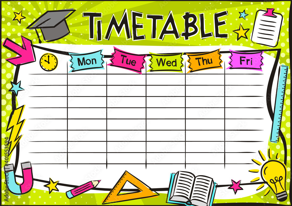 Bright template of a school schedule for 5 days of the week for ...