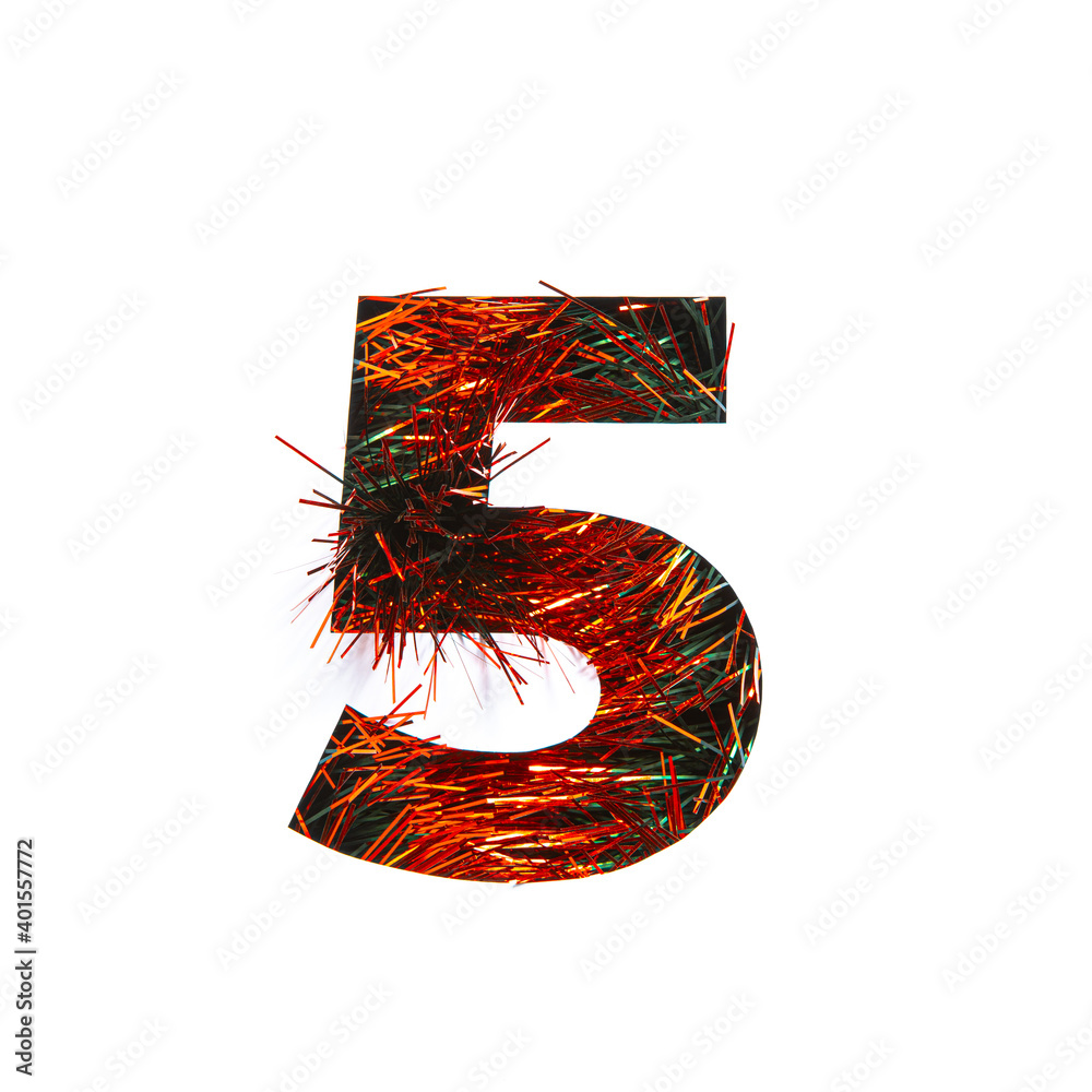 Celebration typeface, number five made of glittering red tinsel, paper ...