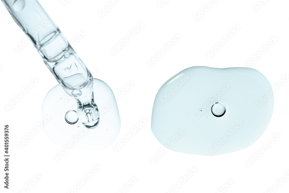 Cosmetic pipette with blue serum smears smudge drop swatch of collagen ...