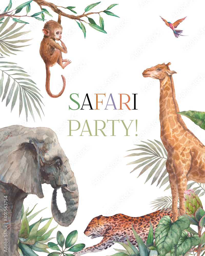 Safari party frame. Illustration with elephant, monkey, leopard and ...