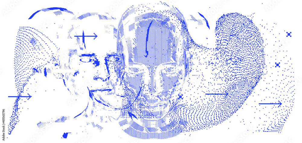 Low poly android head made of pixels and particles. Artificial ...