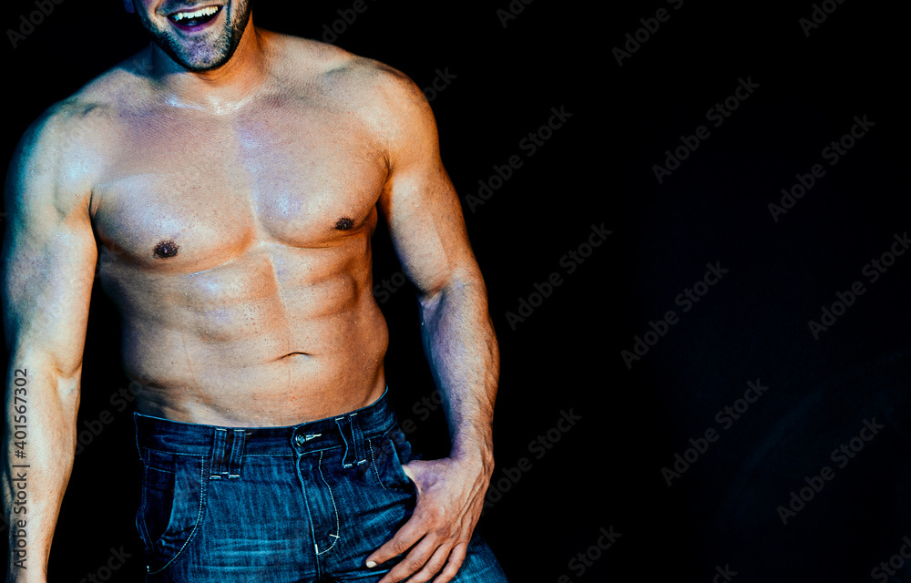 Sexy mans body. Ab. Manly body. Sensual muscular man on black background. Stock Photo | Adobe Stock