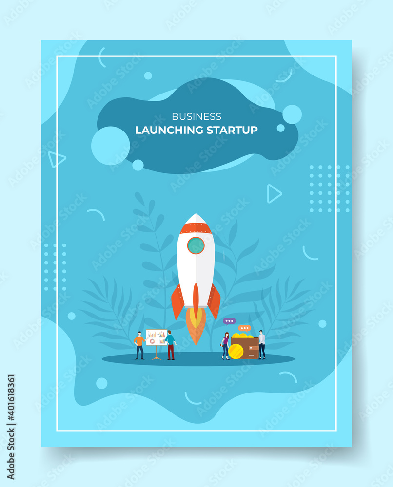 launching startup concept people around rocket fly takeoff chart board ...