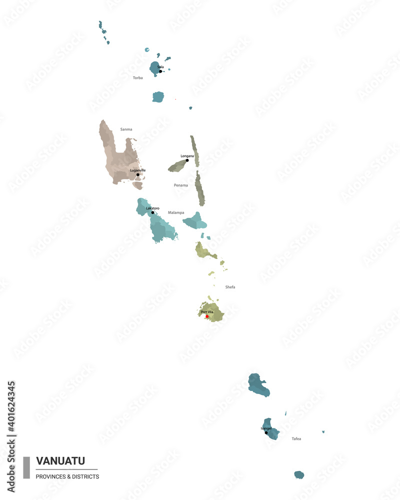 Vanuatu higt detailed map with subdivisions. Administrative map of ...