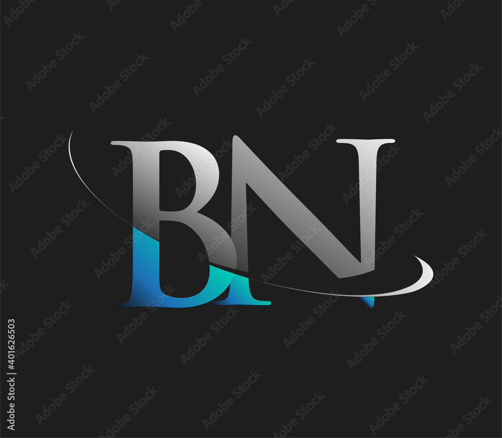BN initial logo company name colored blue and white swoosh design ...