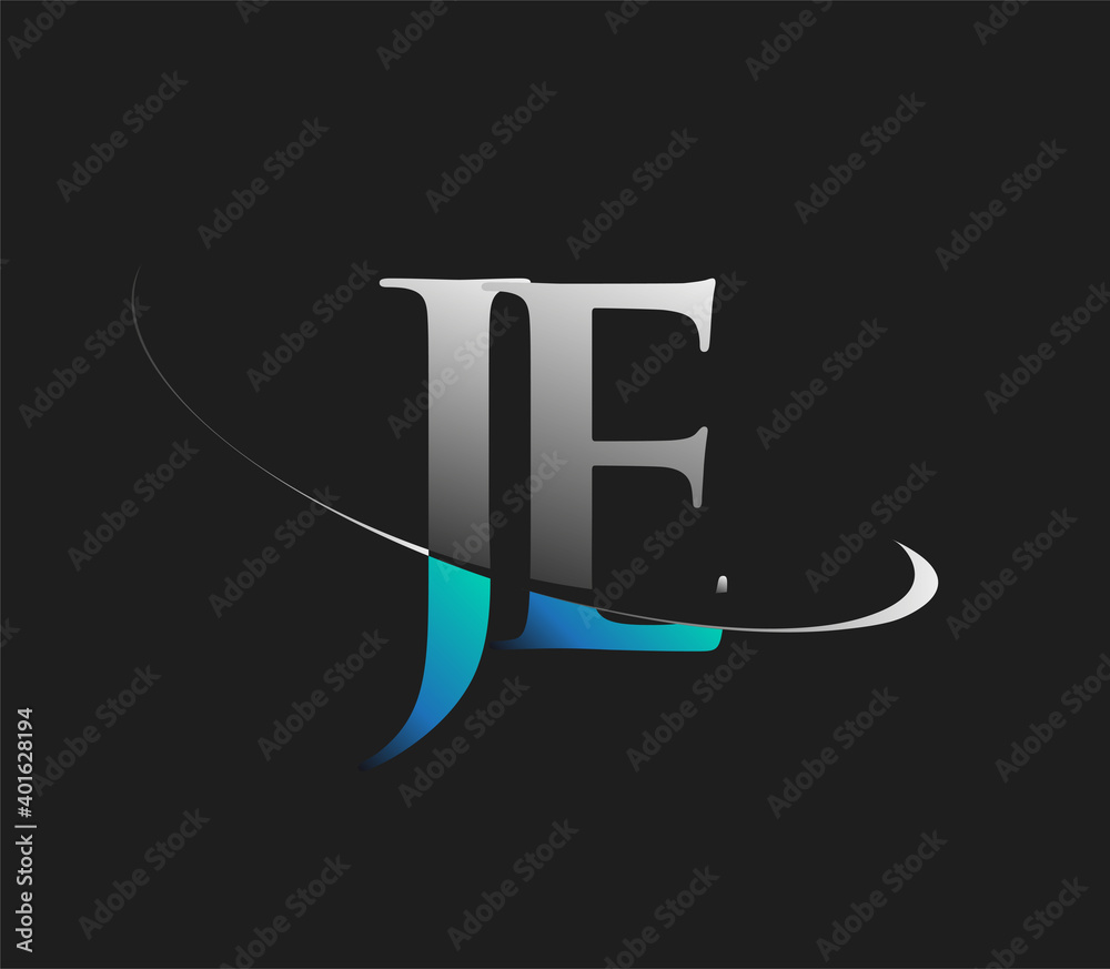 JE initial logo company name colored blue and white swoosh design ...