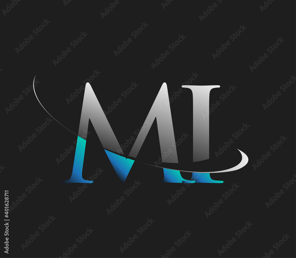 MI initial logo company name colored blue and white swoosh design ...