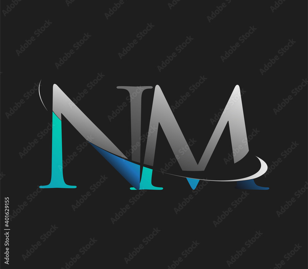 NM initial logo company name colored blue and white swoosh design ...