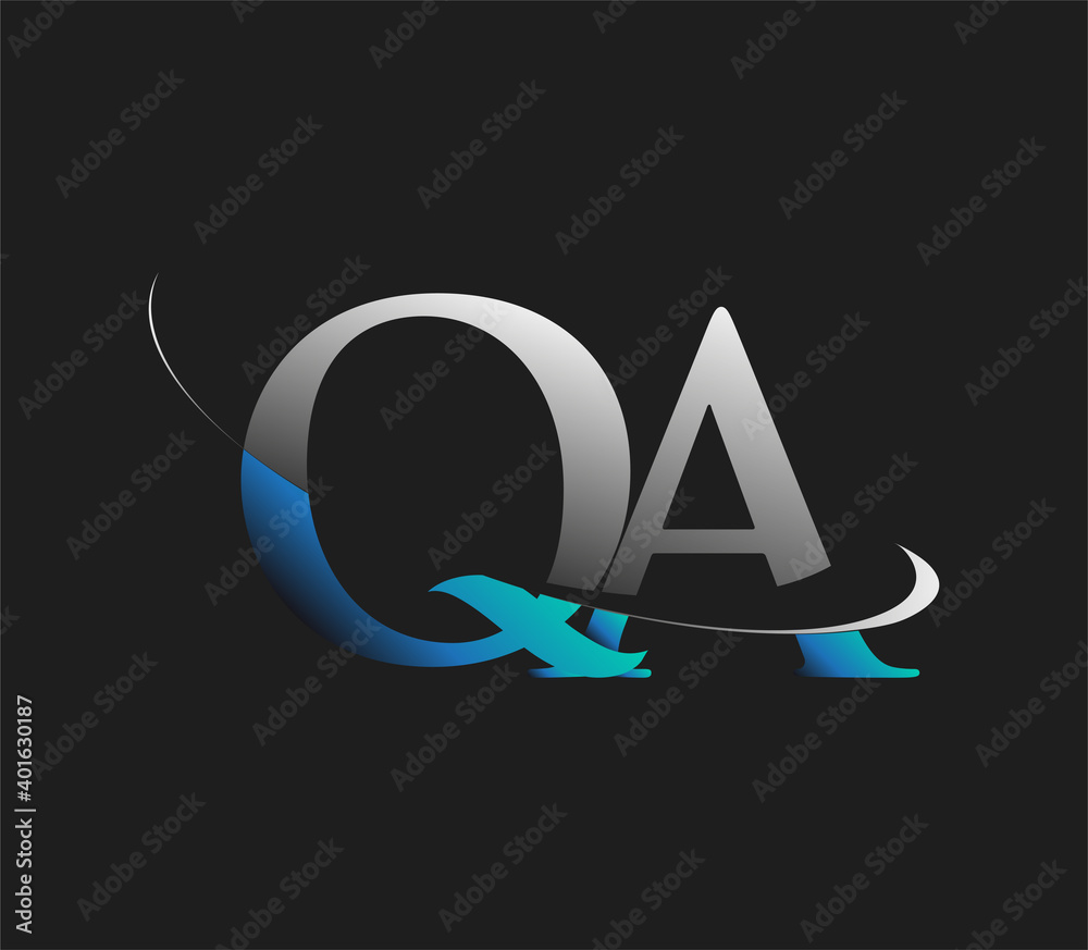 QA initial logo company name colored blue and white swoosh design, isolated on dark background ...