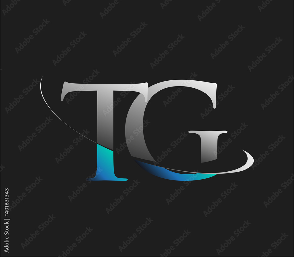 TG initial logo company name colored blue and white swoosh design ...