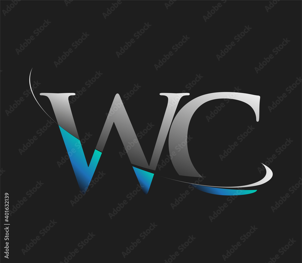 WC initial logo company name colored blue and white swoosh design ...