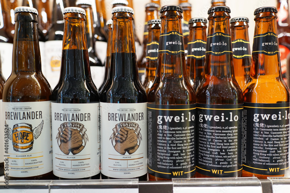 Various brand special handcrafted brew beer on store shelf in Changi ...