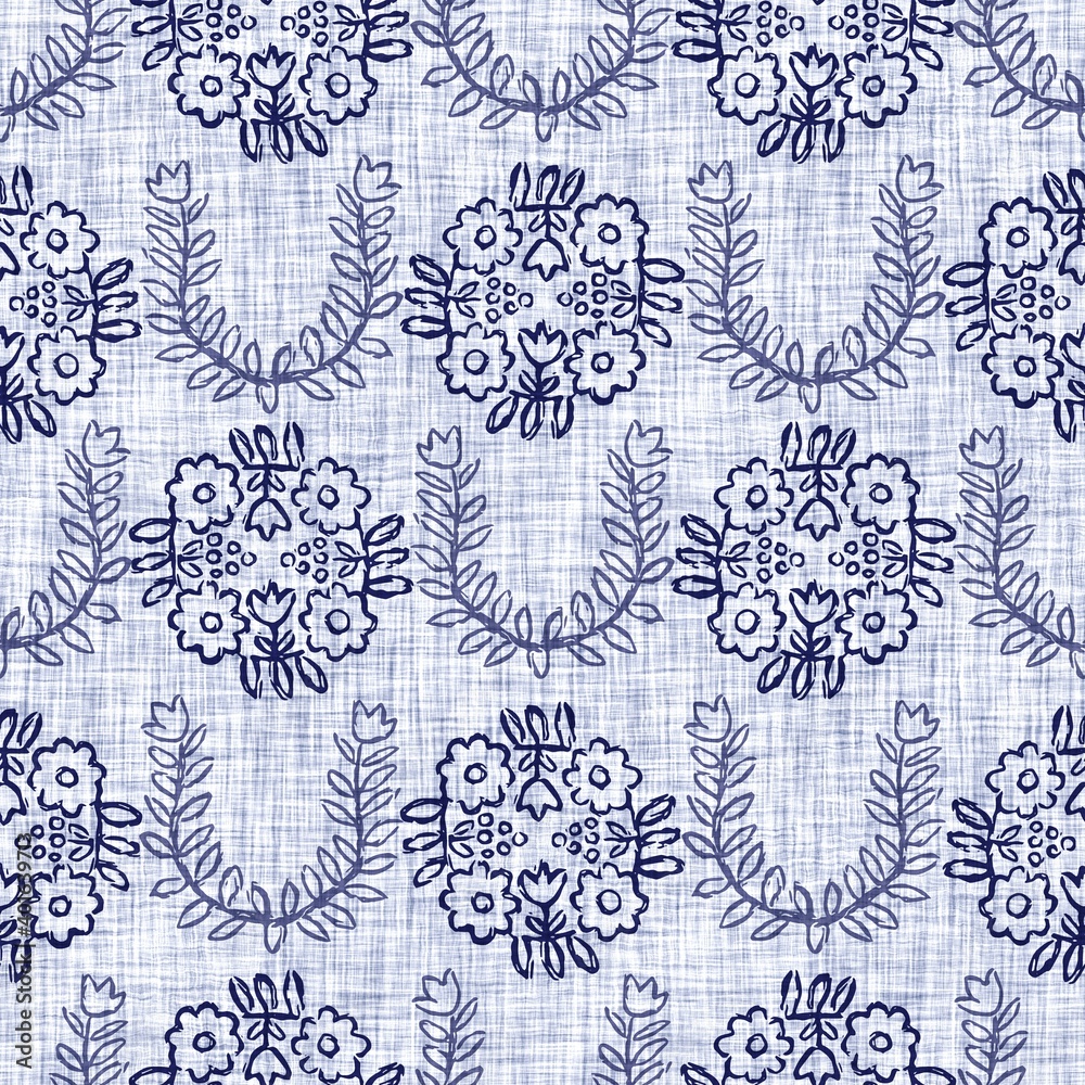 Indigo blue flower block print dyed linen texture background. Seamless ...