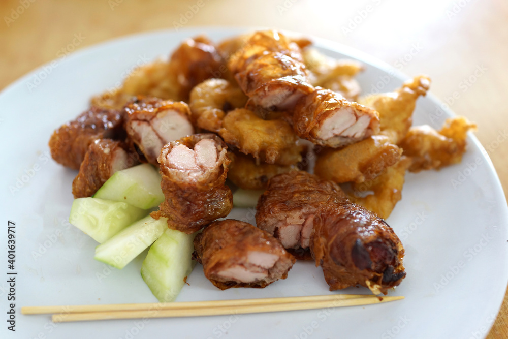 Penang famous food Lorbak and crispy prawn cake. It is a unique Hokkien ...