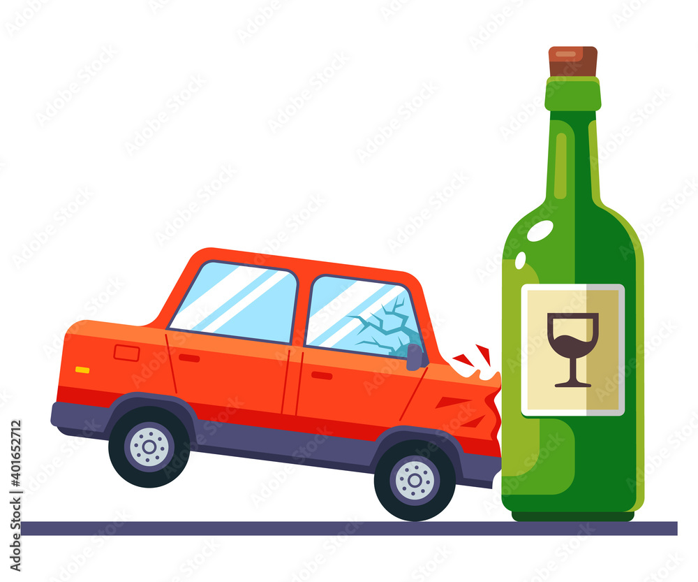 the car crashes into a bottle of alcohol. drunk driving on the road ...