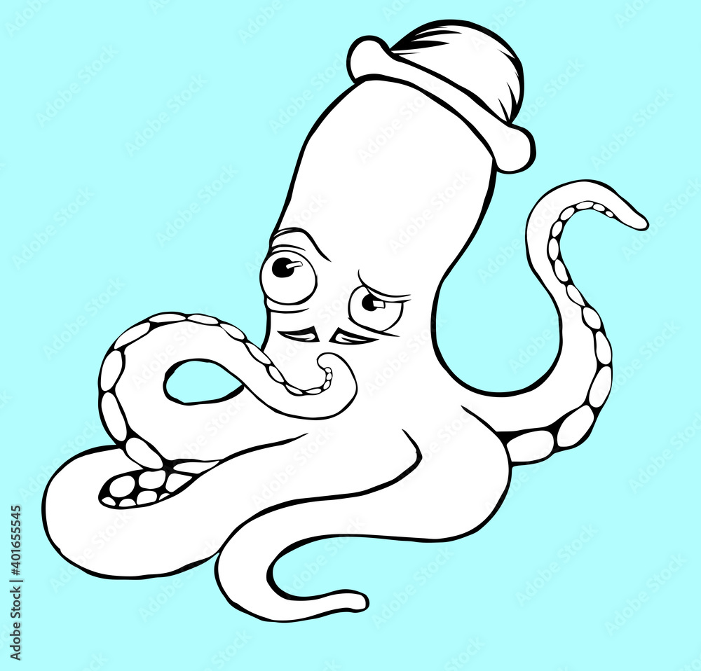 Black and white illustration of thoughtful, puzzled octopus in a bowler ...